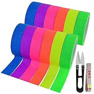 12 Pack UV Blacklight Reactive 6 Color Fluorescent Tape Fluorescent Cloth Tape Colorful Neon Gaffer Tape Neon Reflective Tape Neon Adhesive Tape Glow in the Dark Tape, 0.59"x16.4ft each Roll