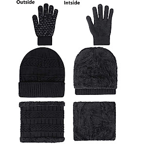 Warm Beanie Hat Scarf Gloves Set for Men, Includes Fleece Beanie Hats,Fleece Scarf, Winter Knit Glovesand Ear Warmers for Men Women (Black)