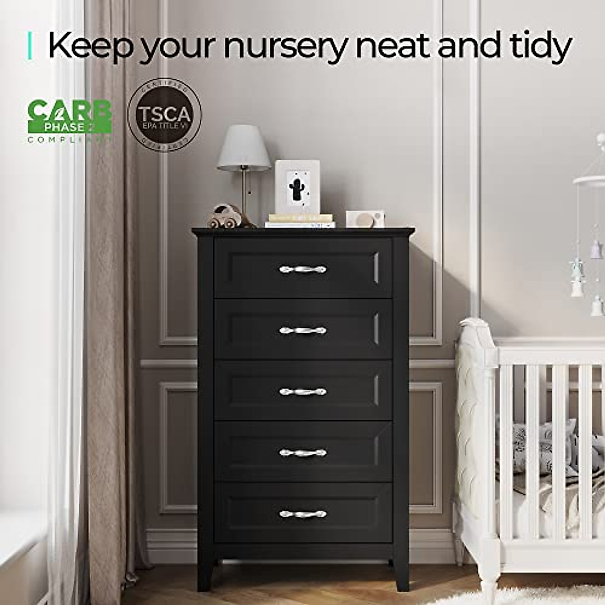 LINSY HOME Black Dresser, Black Chest of Drawers for Bedroom, 5 Drawer Dresser with Metal Handles, Tall Dresser for Nursery, Entryway, and Closet Storage