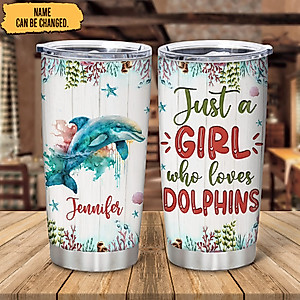 Hyturtle Personalized Gifts For Dolphin Lover - Just A Girl Who Loves Dolphins Custom Name Stainless Steel Tumbler 20oz With Lid - Idea Ocean Animal Lover Gifts For Women Girl On Birthday, Christmas
