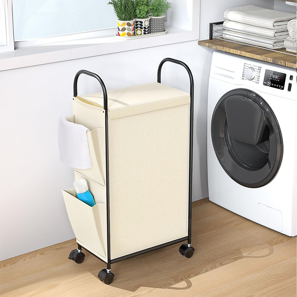 Luxspire 75L Slim Laundry Hamper with Wheels, Rolling Laundry Basket with Lid, Removable Clothes Hamper with Metal Frame, Narrow Laundry Hamper for Dorm, Bedroom, Nursery, Closet, Small, Beige