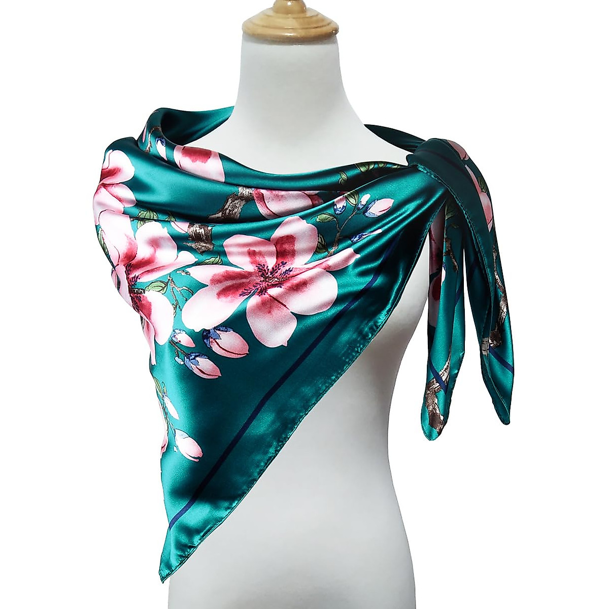 vabovin 35" Fashion Neckerchief Women's Silk Like Big Satin Square Hair Scarf Accessory (Blue Green Flowers)