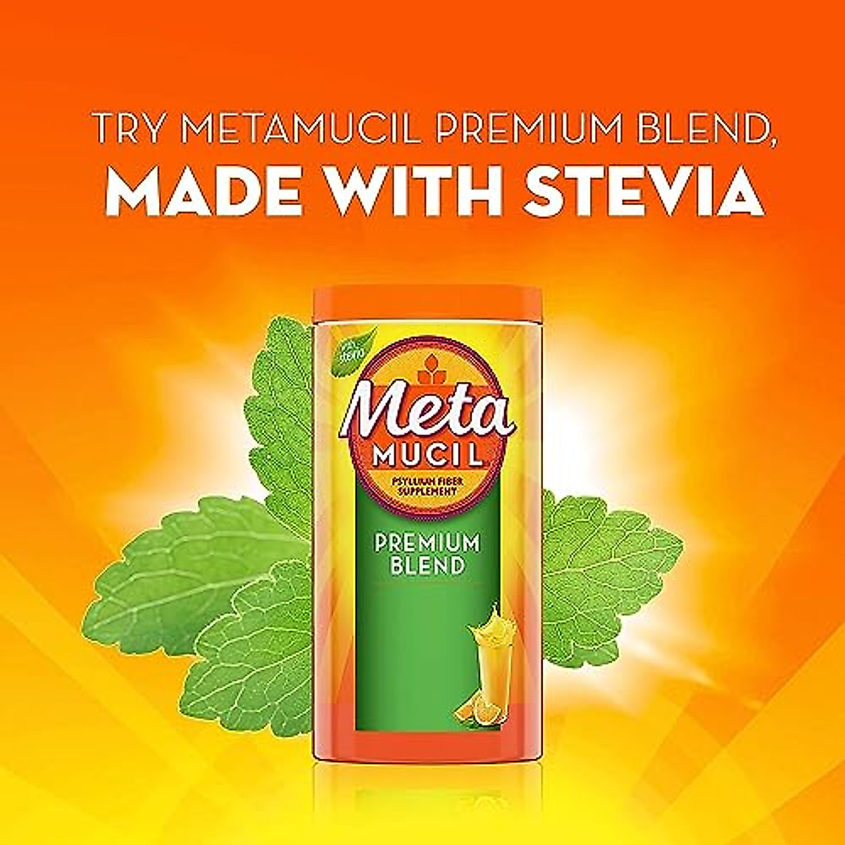 Metamucil Premium Blend, 4-in-1 Fiber Supplement for Digestive Health, Psyllium Husk Fiber Powder, Sugar-Free with Stevia, Plant-Based Fiber Supplement, Orange Flavored, 180 teaspoons