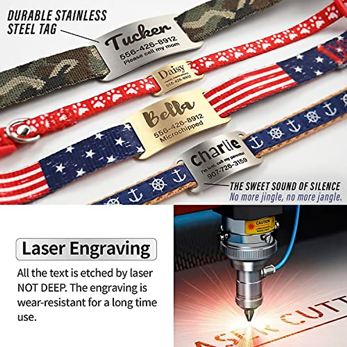 Slide-On Pet ID Tags - S/M/L/XL Personalized Dog and Cat Tags, Silent, No Noise Collar Tags Made of Stainless Steel, Large-fits 1 inch Collars, Custom Engraved Dog Name Tags