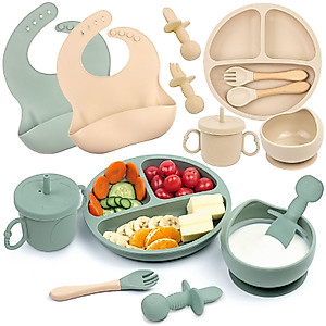 Silicone Baby Feeding Set, 18PCS Baby Led Weaning Supplies, Includes Baby Suction Bowls and Plates, Silicone Baby Bibs, Silicone Baby Cup, Silicone Baby Spoons and Forks (Beige & Olive-green)