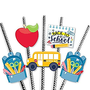 Big Dot of Happiness Back to School - Paper Straw Decor - First Day of School Classroom Striped Decorative Straws - Set of 24