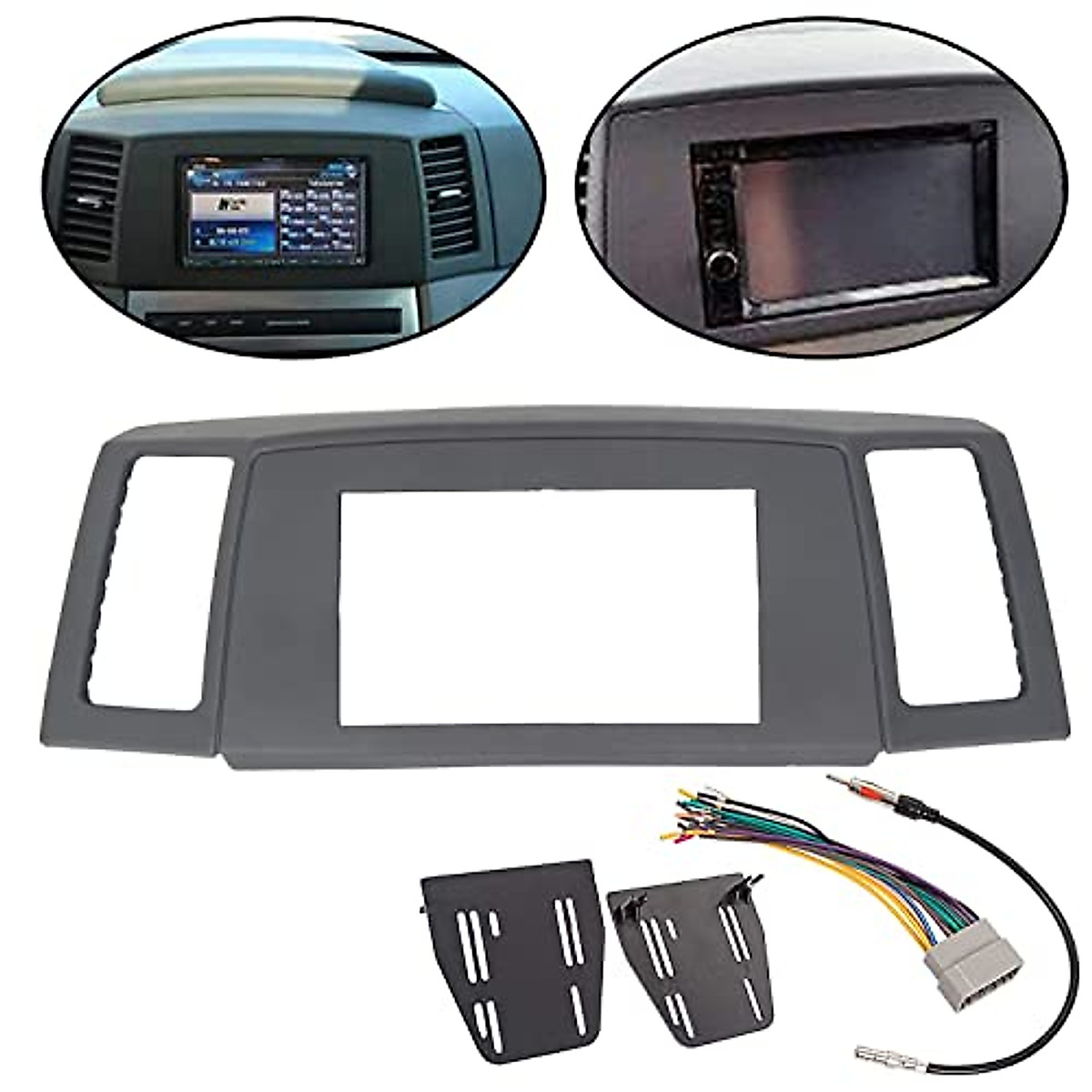 ECOTRIC Double Din Compatible with 2005-2007 Jeep Grand Cherokee with Wiring Harness Antenna Adapter Double Din Navigation Radio Bezel