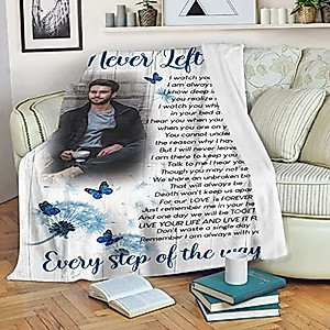 Personalized Memorial Blanket| I Never Left You Blue | Remembrance Blanket, Memorial Gift, Sympathy Blanket for Loss of Father, Mother, Husband in Heaven, in Loving Memory| T1057 (60x80 inch)