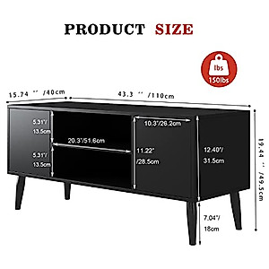 Yusong Retro TV Stand for 55 Inch TV, Entertainment Centers for Living Room Bedroom, Wood TV Bench Table TV Console TV Cabinet with 2 Storage Cabinets and Open Shelves, Black