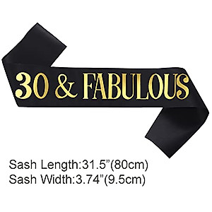 30 & Fabulous Birthday Sash, Gold Foil '30 & Fabulous' Black Satin 30th Birthday Sash for Men or Women Birthday Party Favors Decorations Gifts