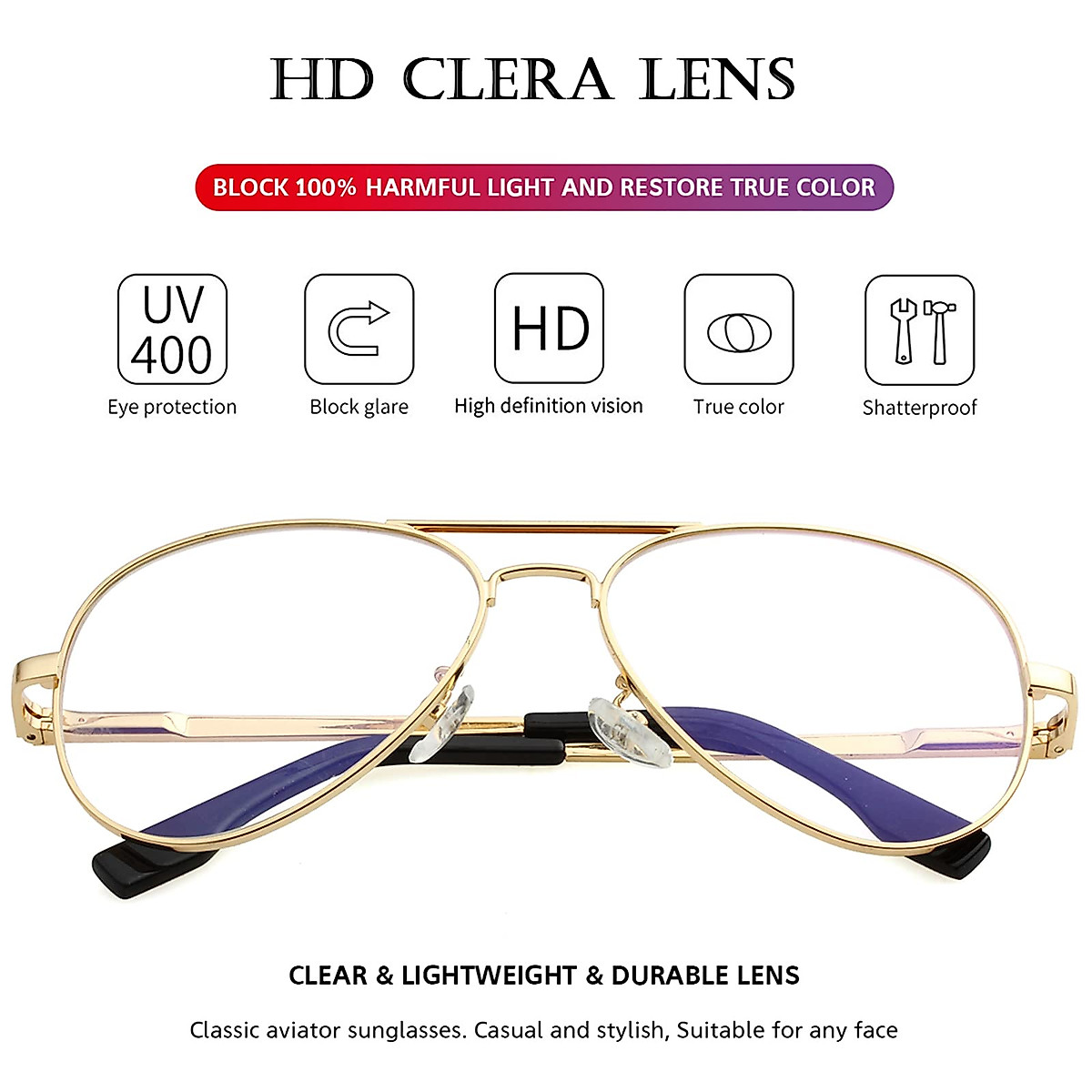 PORADAY Classic Aviator Glasses Clear Lens Metal Frame Eyewear for Men Women (Gold Frame/Clear Lens)