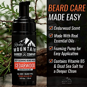 Foaming Cedarwood Beard Wash - With Cedarwood Essential Oil, Vitamin B5 & Dead Sea Salt – 5 oz by Rocky Mountain Barber Company