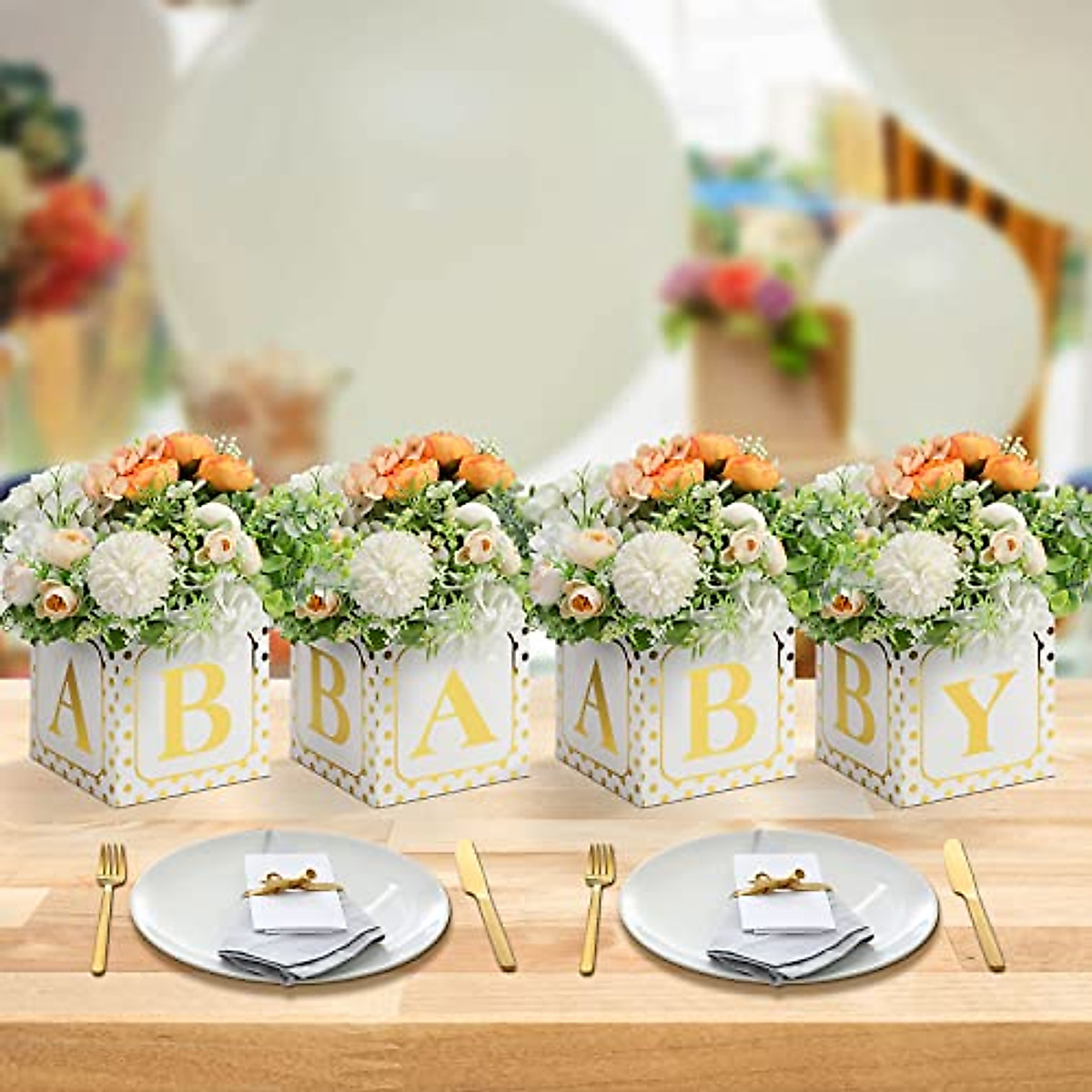 4 PCS Gold Flower Baby Shower Boxes Decor Table Floral Centerpieces Boxes for Gender Reveal Decoration Bronzing Flower Block Holder with Baby Letters Girls Boys Birthday Party Arrangement Favor
