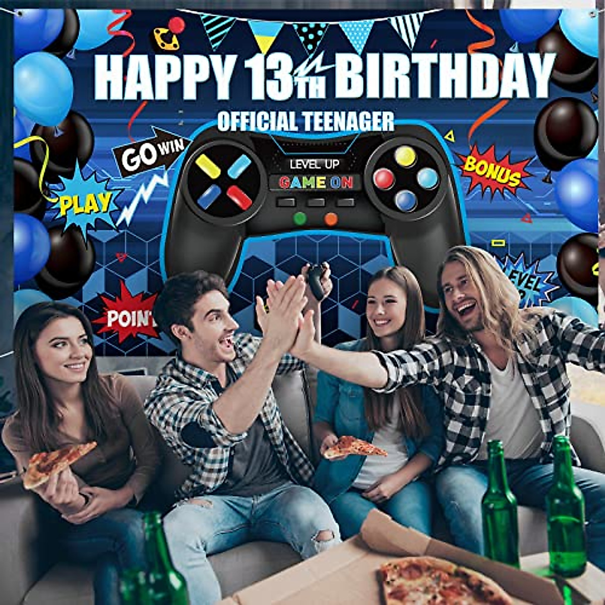 Happy 13th Birthday Video Game Backdrop Banner, Level 13 Up Birthday Background with Game Controller Print Gaming Theme for Photography, Photo Props, Video Game Party Wall Decoration (Blue)