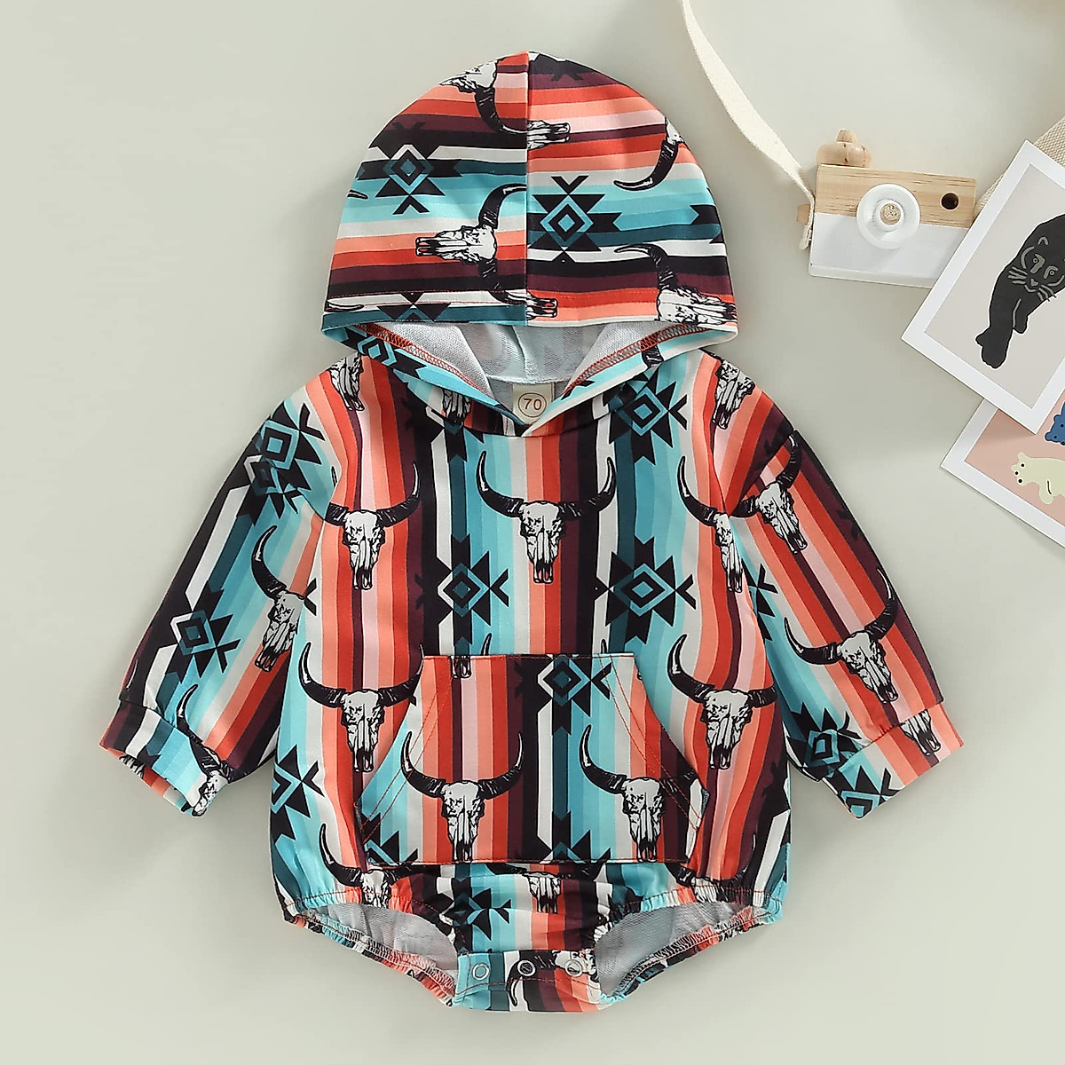 Baby Boy Girl Hoodie Sweatshirt Romper Cow Print Long Sleeve Oversized Bodysuit Tops Western Cowboy Fall Winter Outfit (Brown Blue, 12-18 Months)