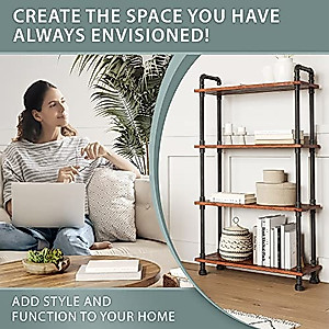 Barnyard Designs Furniture 4-Tier Etagere Bookcase, Solid Pine Open Wood Shelves, Rustic Modern Industrial Metal and Wood Style Bookshelf, Brown, 55" x 29.5" x 11.75"