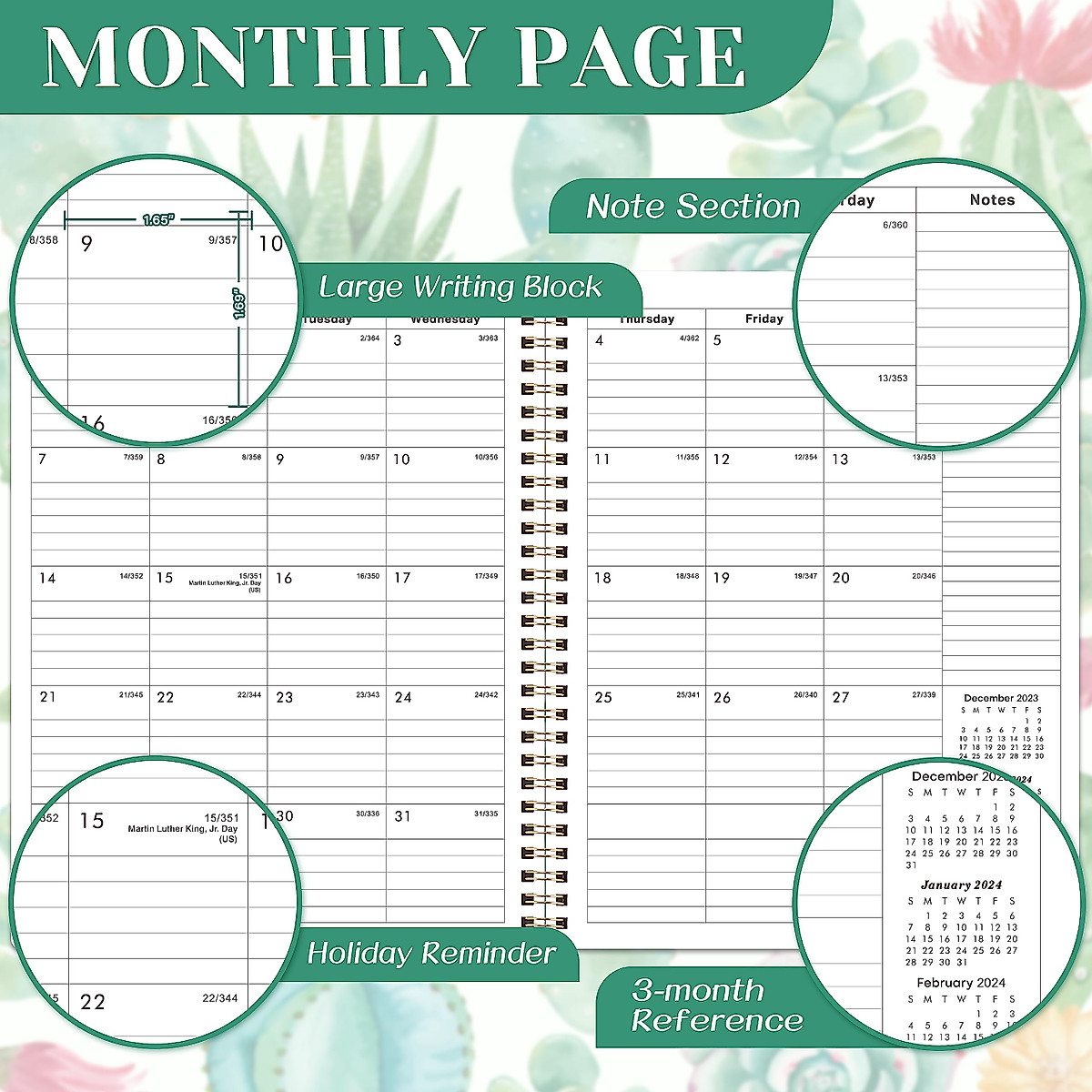 2024 Planner - Planner/Calendar 2024, Jan. 2024 - Dec. 2024, 2024 Planner Weekly and Monthly with Printed Tabs, 8" x 10", Flexible Cover with Back Pocket + Thick Paper + Twin-Wire Binding - Succulent
