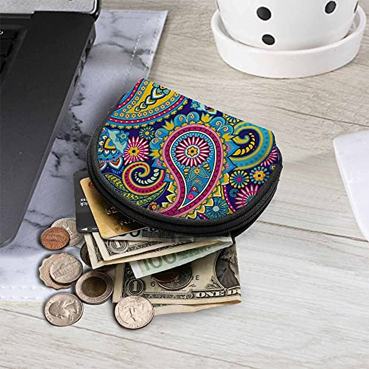 IBILIU Small Coin Purse Navy And Blush Fabric By The Yard Old Fashioned Eastern Floral Paisley Motif Vintage Mini Wallet Coin Pouch Change Purse For Women Men