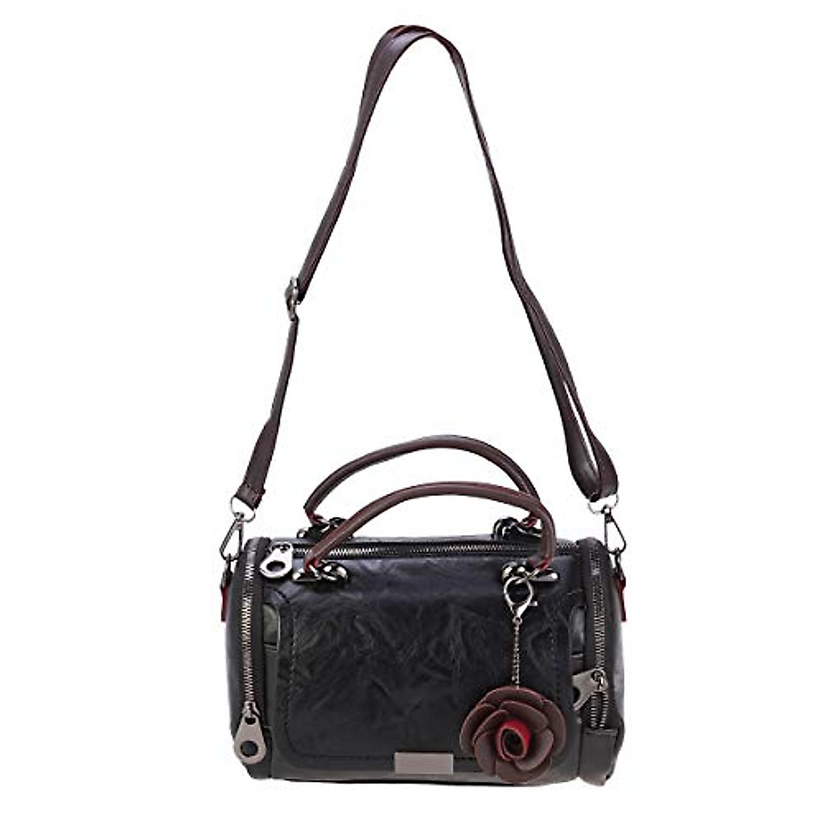 TENDYCOCO Crossbody Bag Boston Barrel Handbag with Flower Pendant for Women (Black)