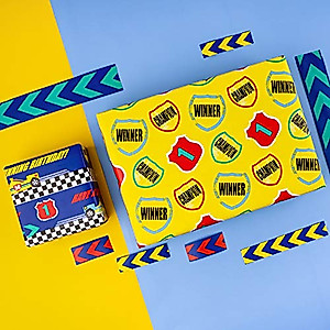 WRAPAHOLIC Birthday Wrapping Paper Roll - Cool Racing Cars and Autodrome Set Perfect for Party, Celebrating, Baby Boy Present Packing - 4 Rolls - 30 inch X 120 inch Per Roll