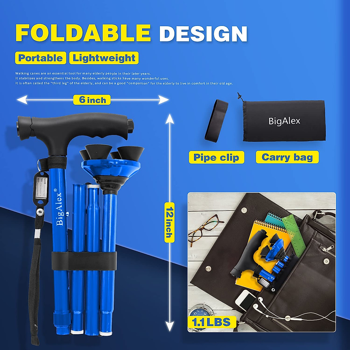 BigAlex Folding Walking Cane with LED Light,Pivoting Quad Base,Adjustable Walking Stick with Carrying Bag for Man/Woman (Alloy Base)