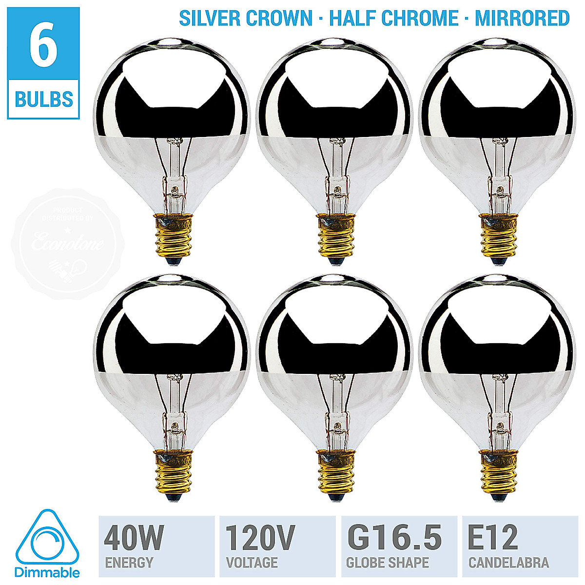 KOR (6 Pack) G16 1/2/SL Incandescent Light Bulb, Silver Half Chrome Crown with Mirror Finish, Dimmable, 120 Volts, G16 Lamp Shape, Candelabra Base, E12 Base, 1500 Hours Rated. (40 Watt (6 Pack))