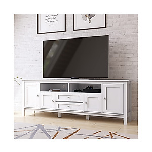 SIMPLIHOME Warm Shaker SOLID WOOD Universal TV Media Stand, 72 inch Wide, Farmhouse Rustic, Living Room Entertainment Center, Storage Shelves and Cabinets, for Flat Screen TVs up to 80 inches in White