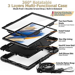 SEYMAC stock Case for Samsung Galaxy Tab A8 10.5'', Full-Body Drop Protection Case with Screen Protector Pencil Holder [360° Rotating Hand Strap] &Stand, Black