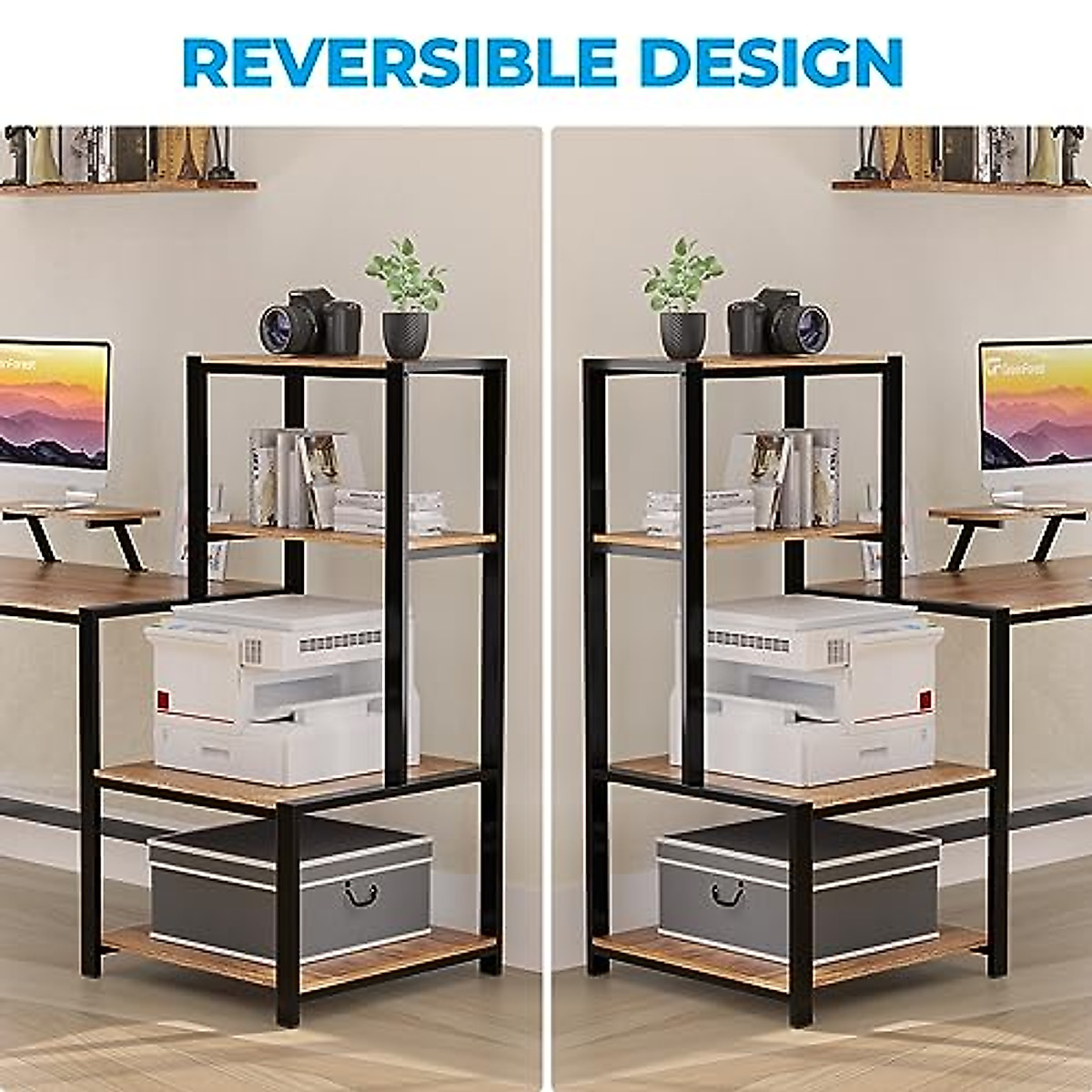 GreenForest Computer Desk 68.8 inch with Storage Printer Shelf Reversible Home Office Desk Large Study Writing Table with Movable Monitor Stand and 2 Headphone Hooks for PC Gaming Working, Walnut