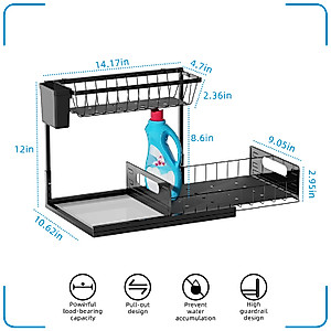 untovei 2 Pack Under Sink Organizer, Metal Pull Out Under the Sink Organizer Bathroom,2 Tier under kitchen sink organizers and storage with hanging cups,Under Sink Mat for Bathroom/kitchen/cabinet