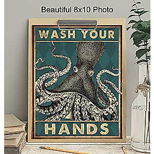 Octopus Nautical Bathroom Wall Art & Decor - Funny Beach Bathroom Decor - Bath Wall Decor - Cute Unique Bathroom Pictures Decorations Poster - Wash Your Hands Sign - Guest Bathroom - Powder Room