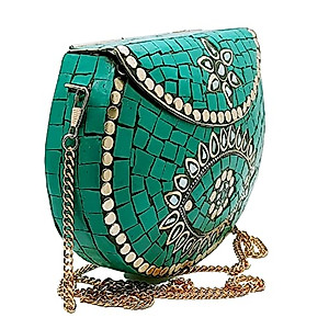 Trend Overseas Ethnic Antique Indian Handmade Mosaic Stone Chip Bag Bridal Clutch, Green, M