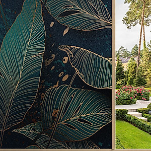 BoeHiop Window Privacy Film, Luxury Gold Green Palm Leaves Frosted Window Clings, Decorative Glass Covering Decals, Non-Adhesive Vinyl, 17.7 x 23.6 in