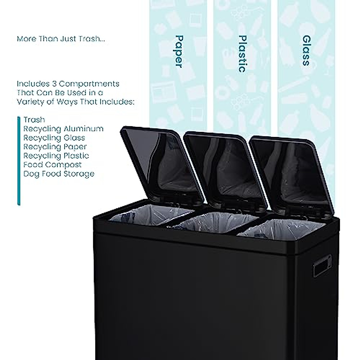 Home Zone Living 15.9 Gallon Kitchen Trash Can, Three Removable Liners for Recycling and Trash, Wide Stainless Steel Shape, Black (5.3 + 5.3 + 5.3 for 15.9 Gallon Total)