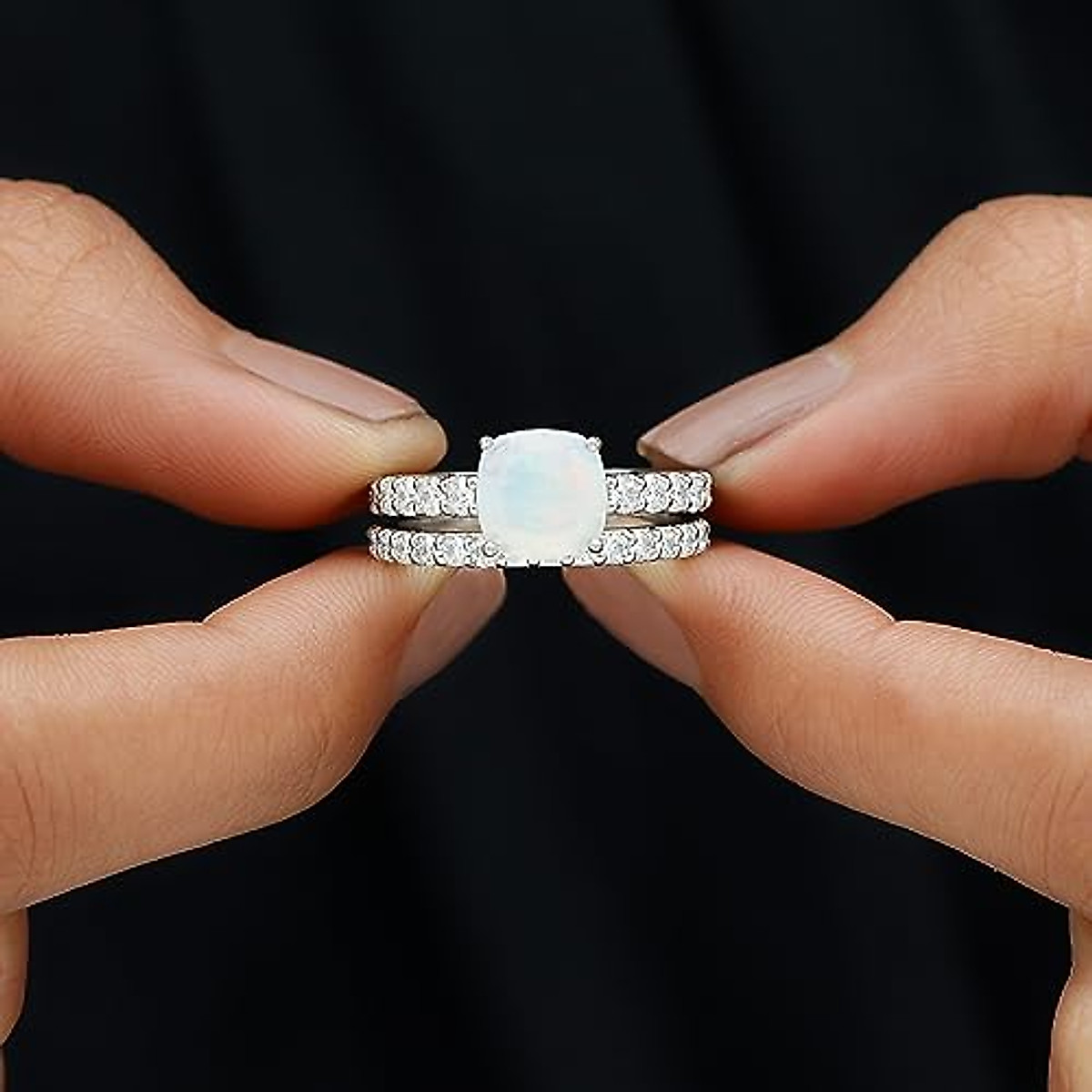 Certified Opal Wedding Ring Set, AAA Quality, Natural 8mm Cushion Cut Opal Engagement Ring with Moissanite Enhancer, 14K White Gold, Size:US 10.00