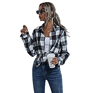 Floerns Women's Casual Long Sleeve Button Down Plaid Shirt Blouse Top Black and White M