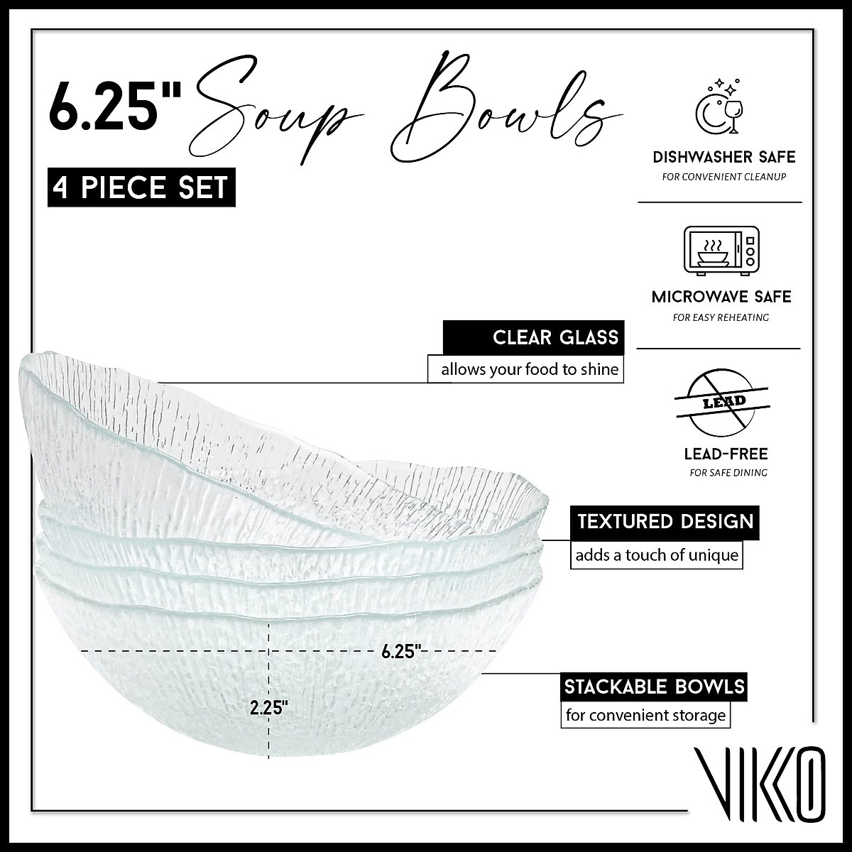 Vikko Soup Bowls, 6.25 Inch Salad Bowls, Glass Soup Bowls, Elegant Textured Glass Bowls, Set of 4, Dishwasher Safe