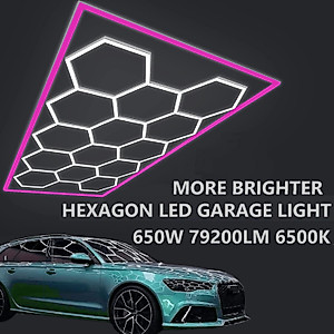 SENKOYU Car Detailing Led Garage Light Hexagon 14 Grid System Workshop Light Supermarket and Gym IP54 72900lm Modern Pink Light for Bar Club Hotel Game Room Party Decor Ceiling Lamp with Pink Border