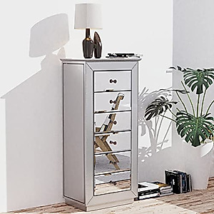 Bedroom Living Room Vertical Filing Cabinet, 6 Drawers,Jewelry Armoire With Silver Mirrored, & 16 Necklace Hooks, 2 Side Swing Doors