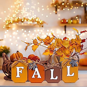 DEWBIN Fall Decorations for Home, Pumpkin Wood Sign with Fall Lettered for Fall Decor, Decorative Wooden Block Set Thanksgiving decor for Tables, Tiered Tray, Mantel, Thanksgiving