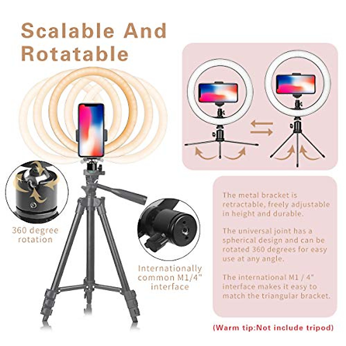 LED Ring Light 10" with Tripod Stand & Phone Holder for Live Streaming & YouTube Video, Dimmable Desk Makeup Ring Light for Photography, Shooting with 3 Light Modes & 10 Brightness Level