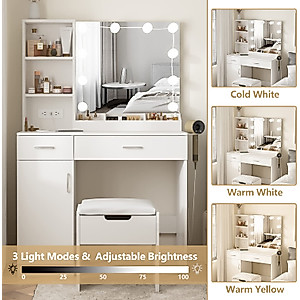 Fameill Makeup Vanity Desk with Lighted Mirror & Power Strip,White Vanity Table Set with Lights and Lots Storage,2 Drawer Makeup Table,3 Lighting Colors,35.4in(L)