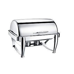 CHEFQ Virtuosa Stainless Steel Oblong 8QT Chafer, Roll-top Set Includes Food Pan, Water Pan and Fuel Holders – Durable, shiny silver, keeps food warm in catered events + CHEFS APRON