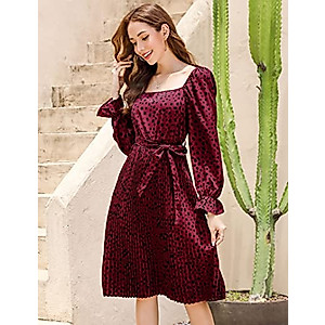 Womens Red Dress Lantern Sleeve Square Neck A Line Flare Midi Ladies Leopard Print Dresses Formal Work Office