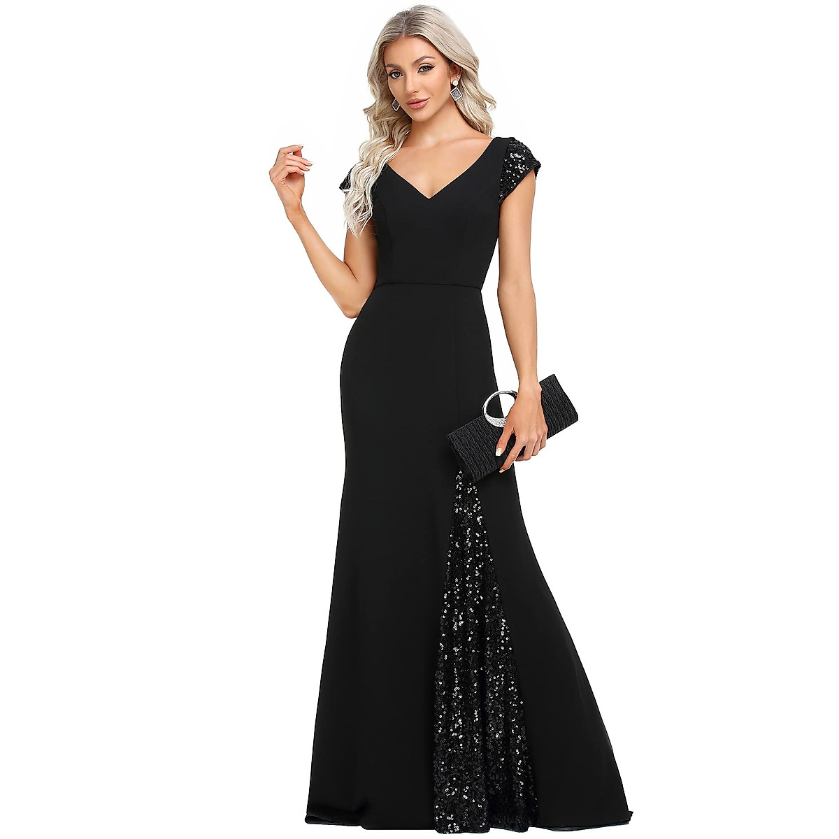 Ever-Pretty Women's Elegant Sequins Short Sleeve V Neck Long Maxi Formal Dresses Black US6