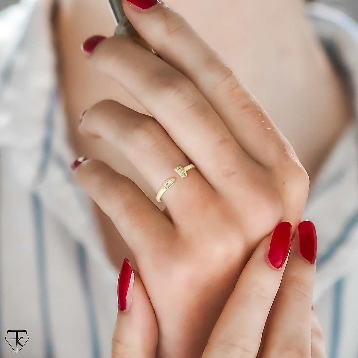 Takar 10K Solid Gold Nail Ring with White Diamonds, Elegant Open Style Nail Gold rings for women, Beautiful nail rings, Women's Gold Nail Jewelry in Yellow Gold, Rose Gold and White Gold made in USA.