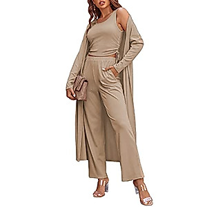 Ekouaer Women's 3 Piece Knit Lounge Set Sweatsuit Khaki