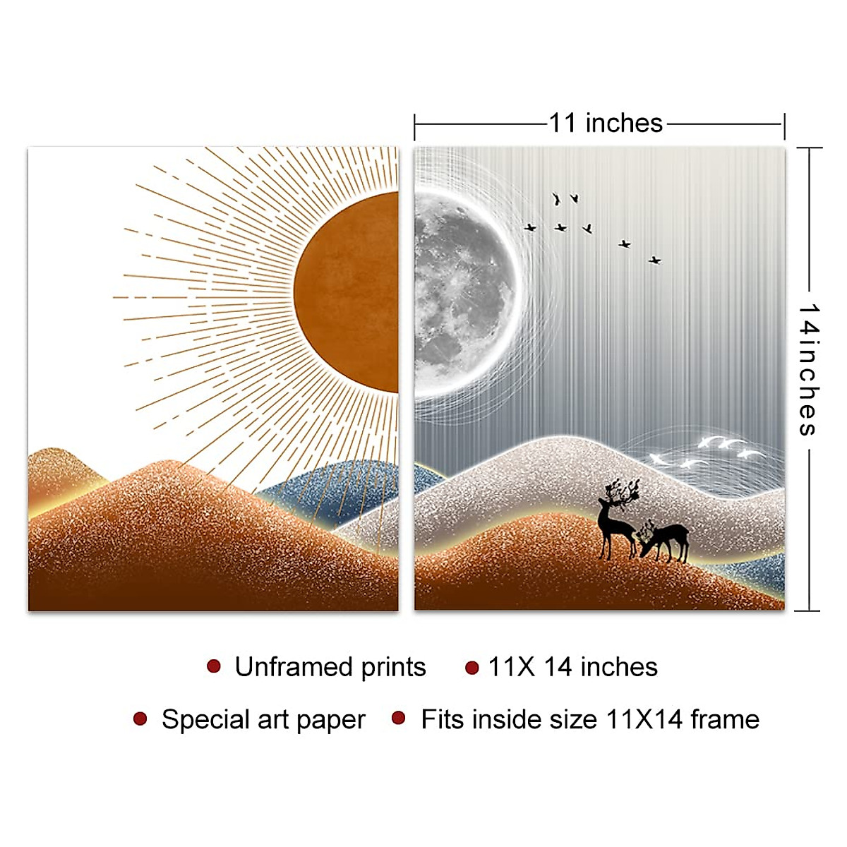 Boho Wall Art - Sun and Moon Art - Boho Bedroom Art - Sunshine Decor - Mid Century Modern Wall Decor - Bathroom, Living Room, Office, Classrooms, Home Wall Decor, Set of 2 Prints, 11x14" Unframed