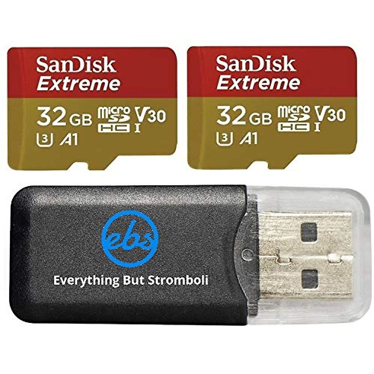 SanDisk 32GB Micro SDHC Extreme Memory Card (2 Pack) Works with GoPro Hero 8 Black, GoPro Max 360 Action Cam U3 V30 4K Class 10 (SDSQXAF-032G-GN6MN) Bundle with 1 Everything But Stromboli Card Reader