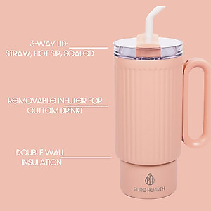 PURE HEARTH EcoFuse Tumbler with Handle and Straw 40 oz | Twist on 3 Way Lid | Double Wall Vacuum Insulated Stainless Steel Cup for Travel | Infusion Filter | Keep Hot and Cold | BPA Free (Light Pink)